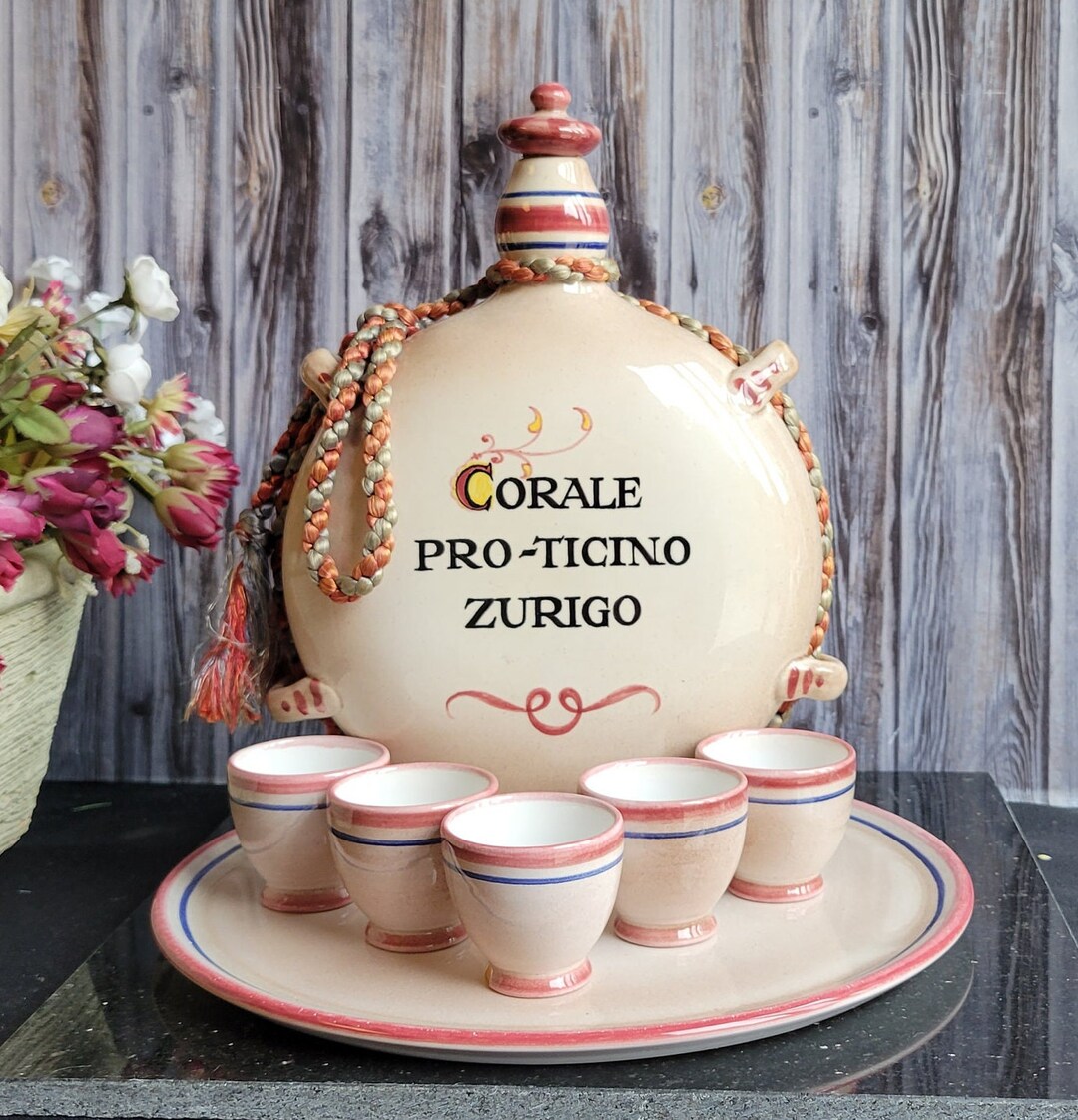 Vintage Clay Pottery Decanter With 5 Cups and Underplate Set / Scotch ...