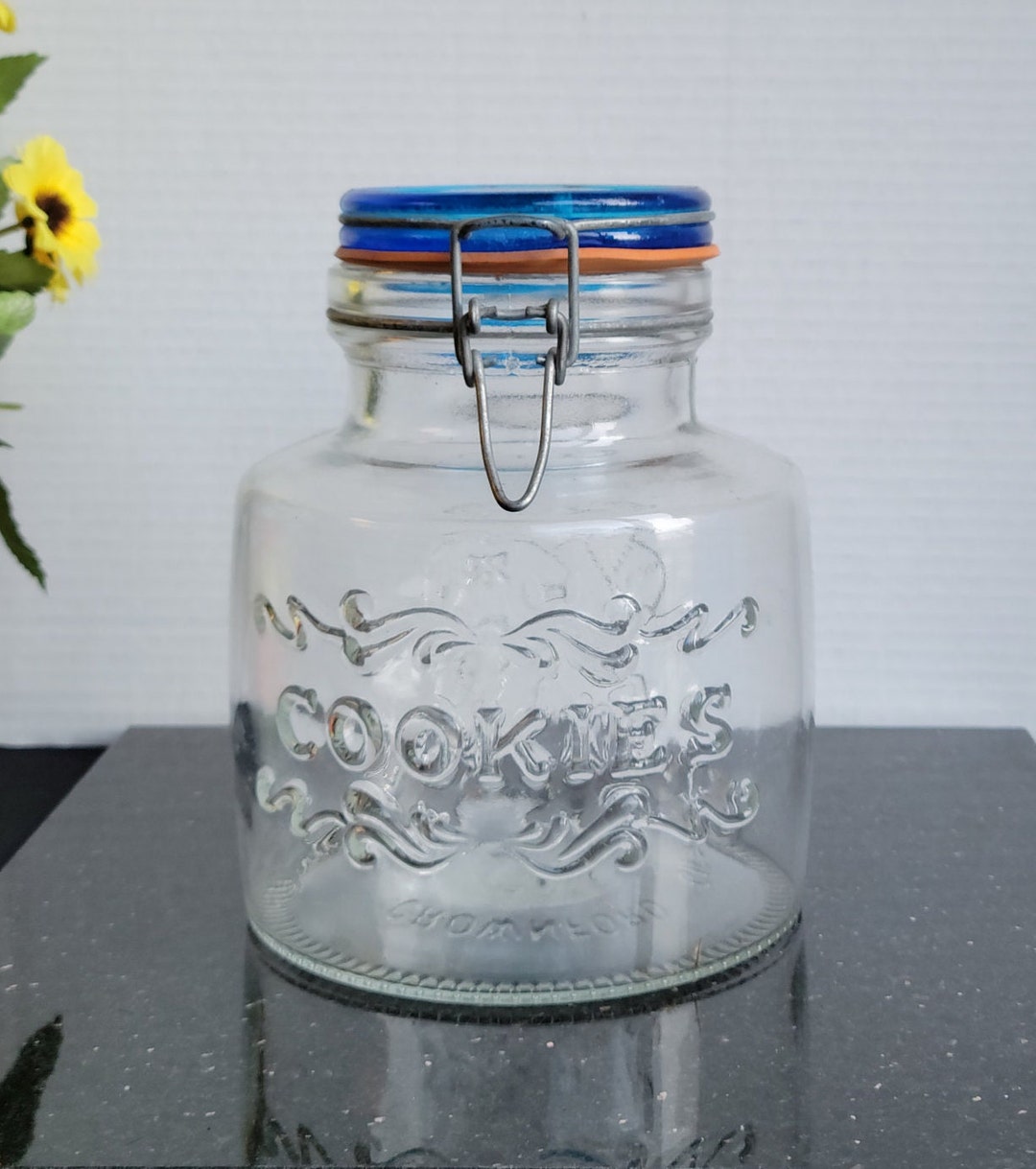 Clear Glass Cookie Jar With Blue Lid and Safety Seal 7.5h - Etsy