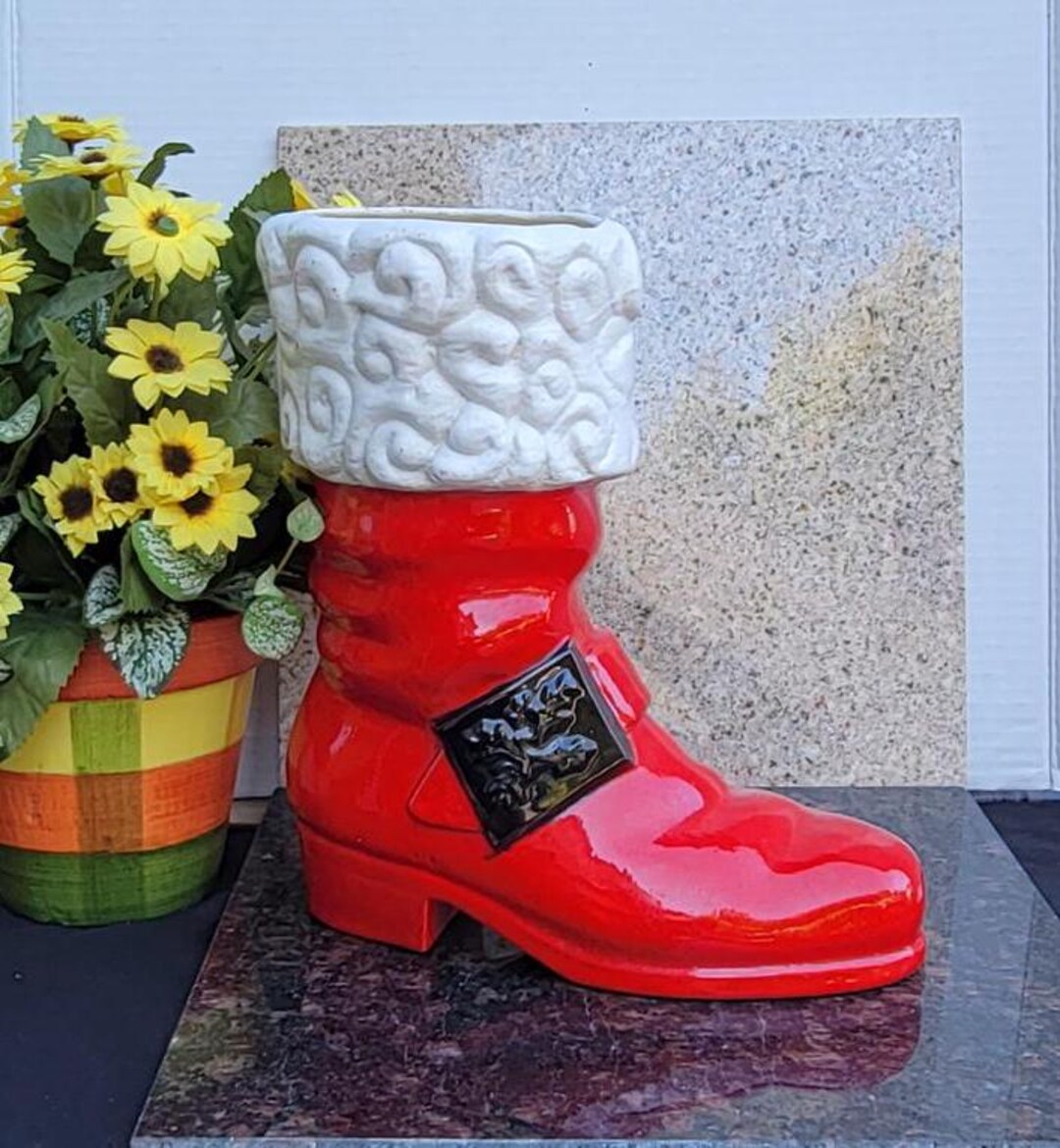 Ceramic Santa Boot Vase: Red & White Christmas Planter (10"h) - Etsy
