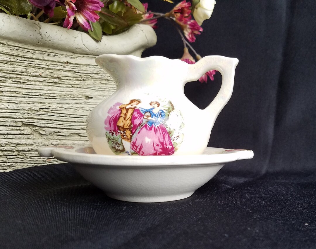 Vintage Small White Jug and Wash Basin With Victorian Scene - Etsy
