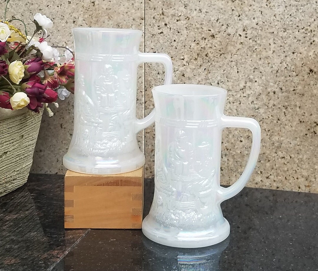 Vintage Federal Iridescent Milk Glass Beer Stein Mugs - Tavern Scene ...