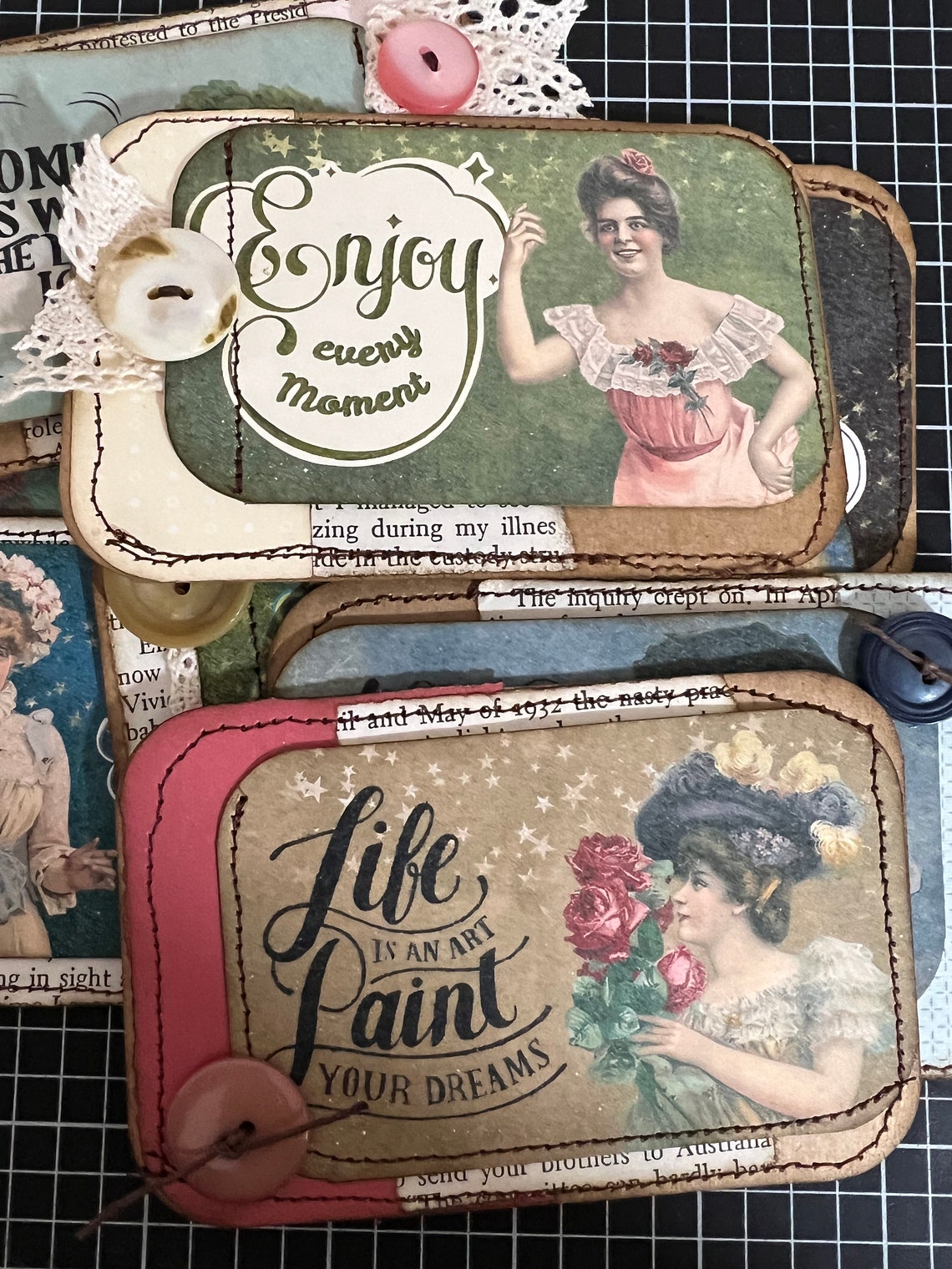 Set of Eight Inspiration Cards Each With a Sentiment and Vintage Button ...