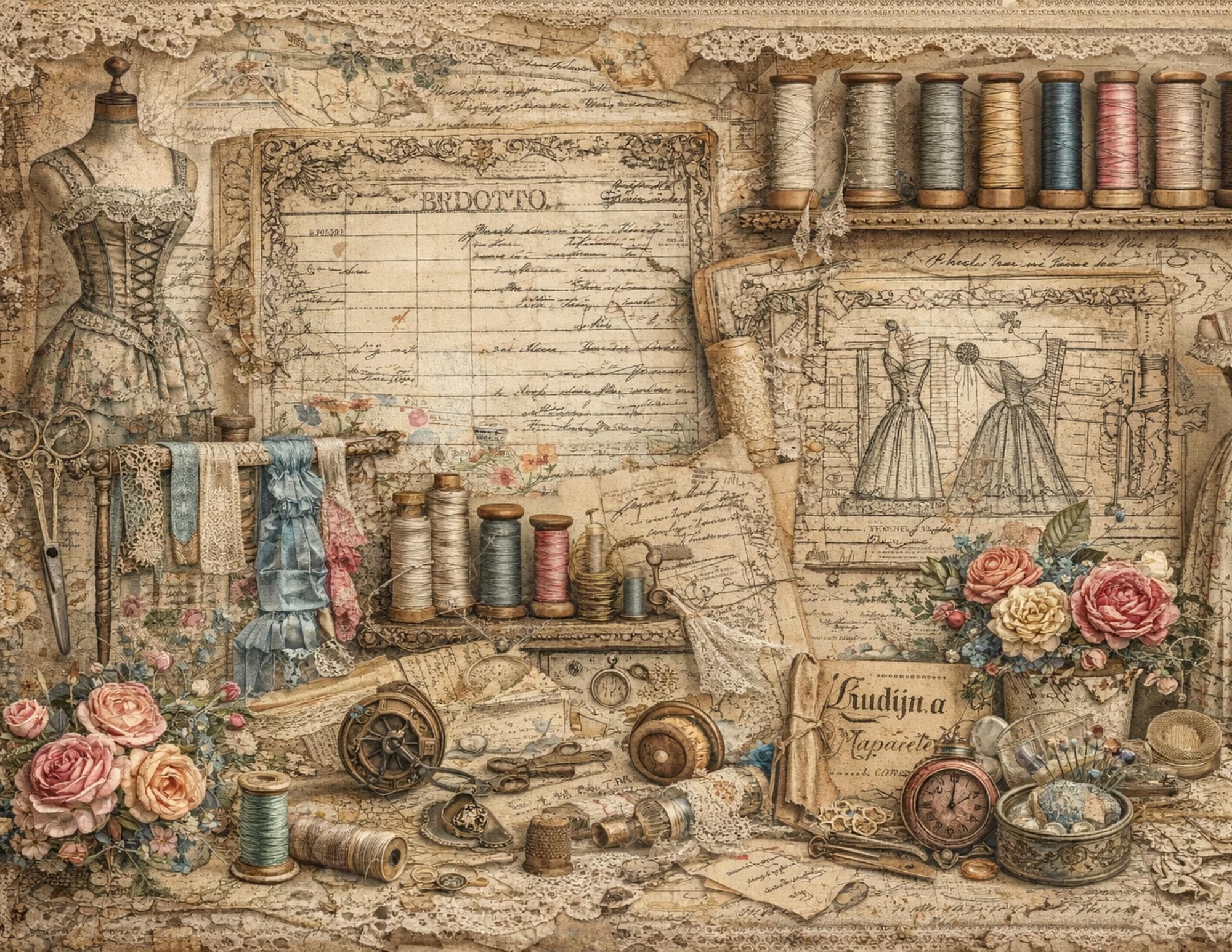 Antique Sewing Collage Papers | Vintage Sewing Room Aesthetic | Junk ...