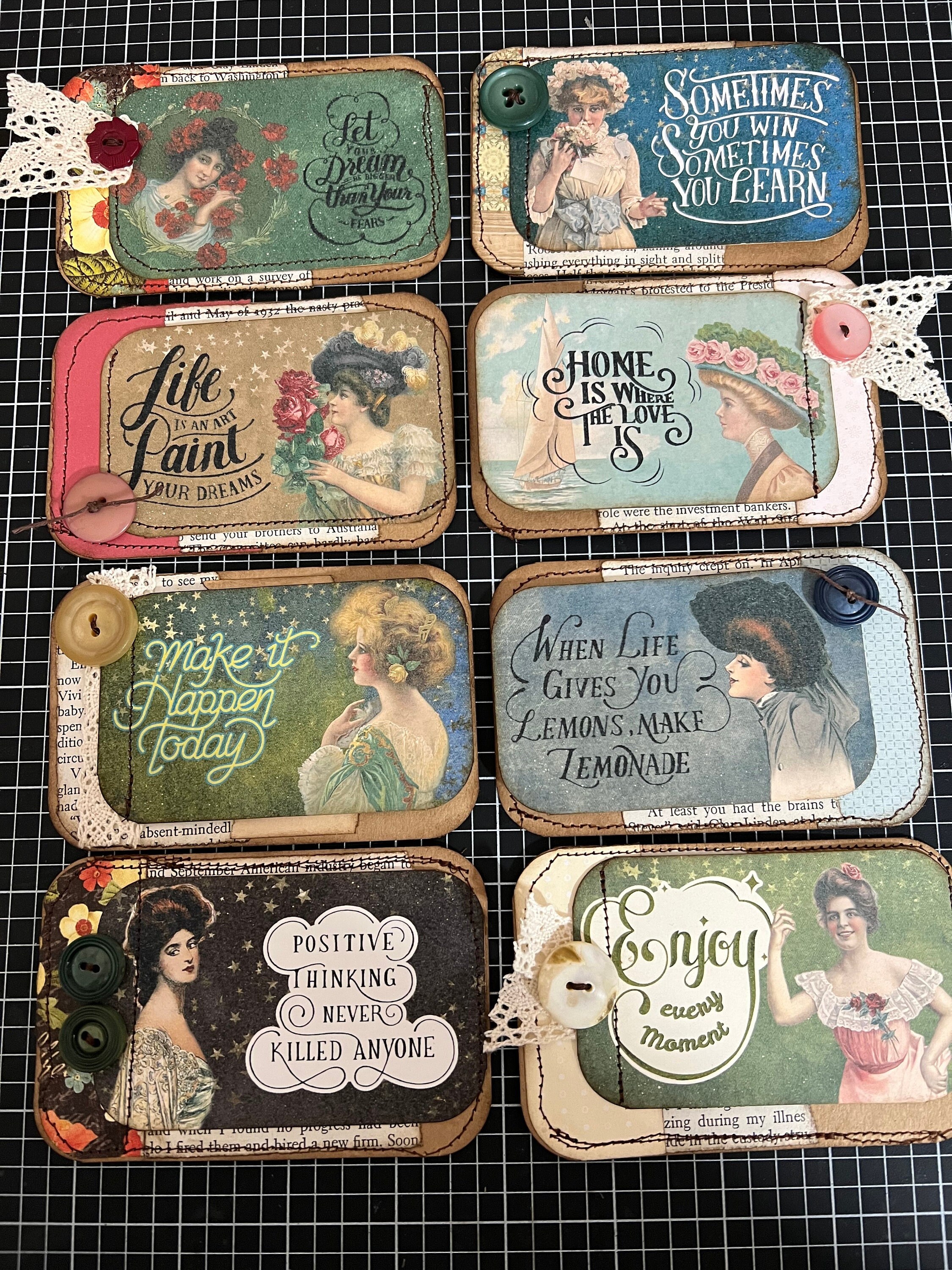 Set of Eight Inspiration Cards Each With a Sentiment and Vintage Button ...