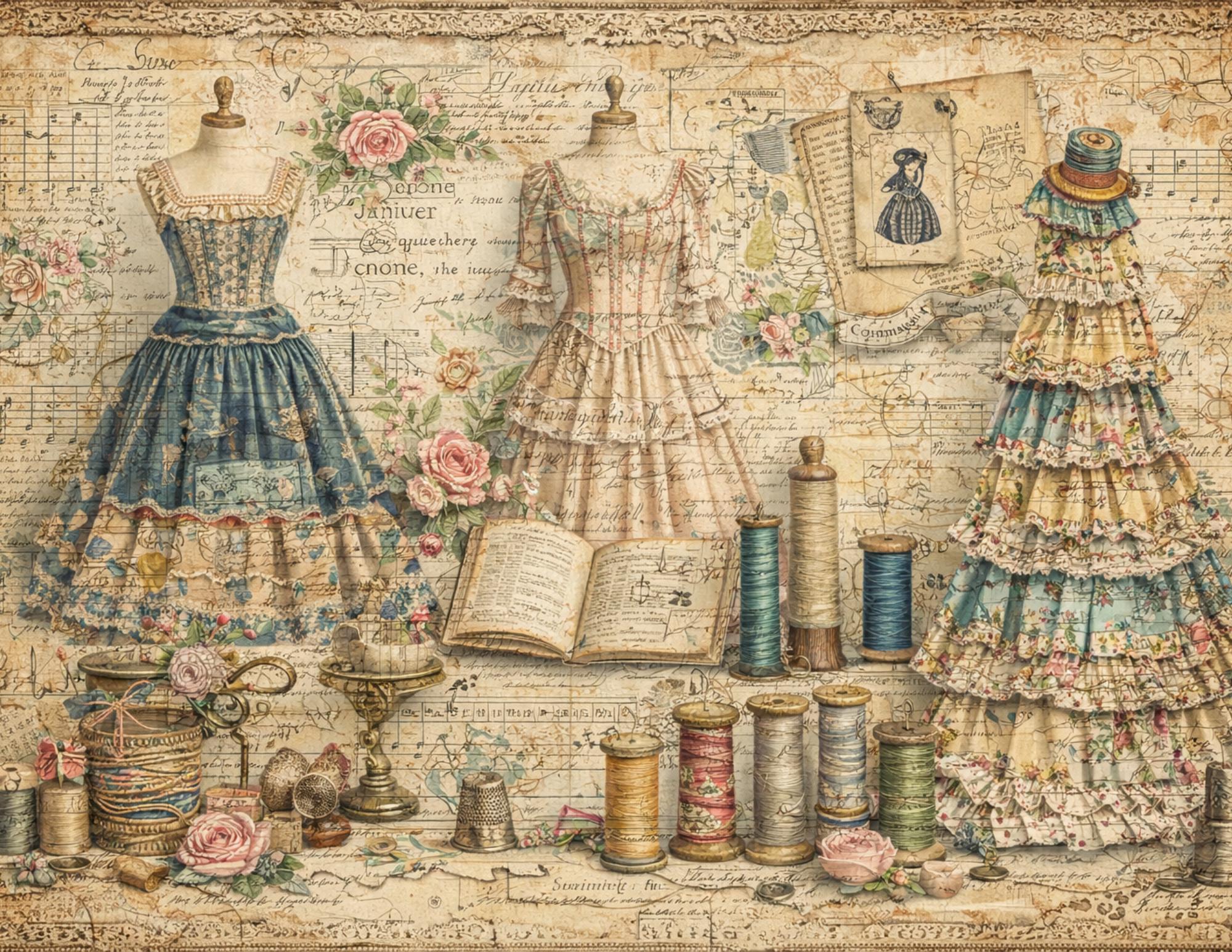 Antique Sewing Collage Papers | Vintage Sewing Room Aesthetic | Junk ...