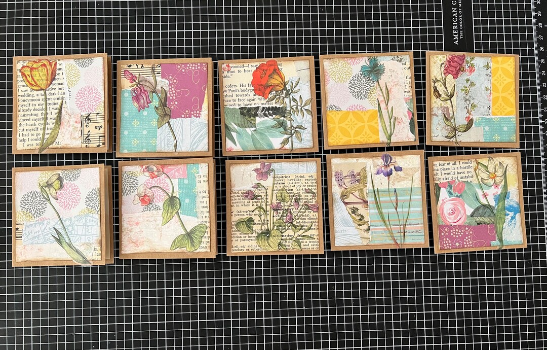 Set of Ten Journaling Cards. Collaged With a Flower on the Front. Blank ...