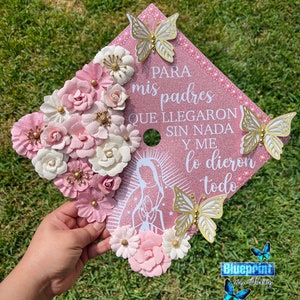 Pink Virgin Mary Graduation Cap, Paper Flowers, Rose Gold Grad Cap ...