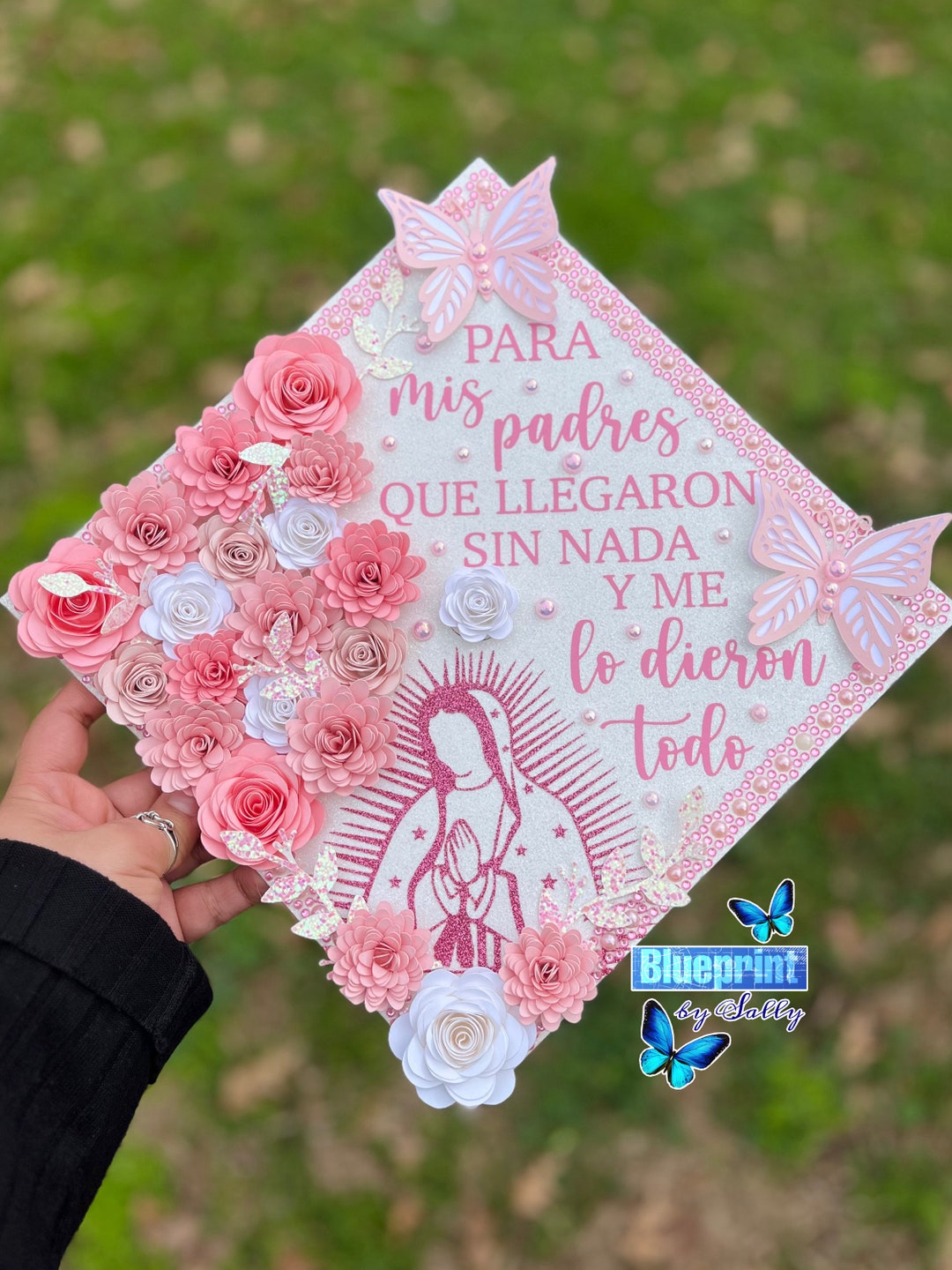 Pink Virgin Mary Graduation Cap, Paper Flowers, Nude Pink Grad Cap ...