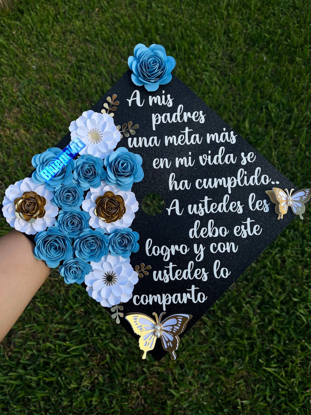 Baby Blue Flower Graduation Topper, Baby Blue Grad Cap, Gold Grad Cap ...