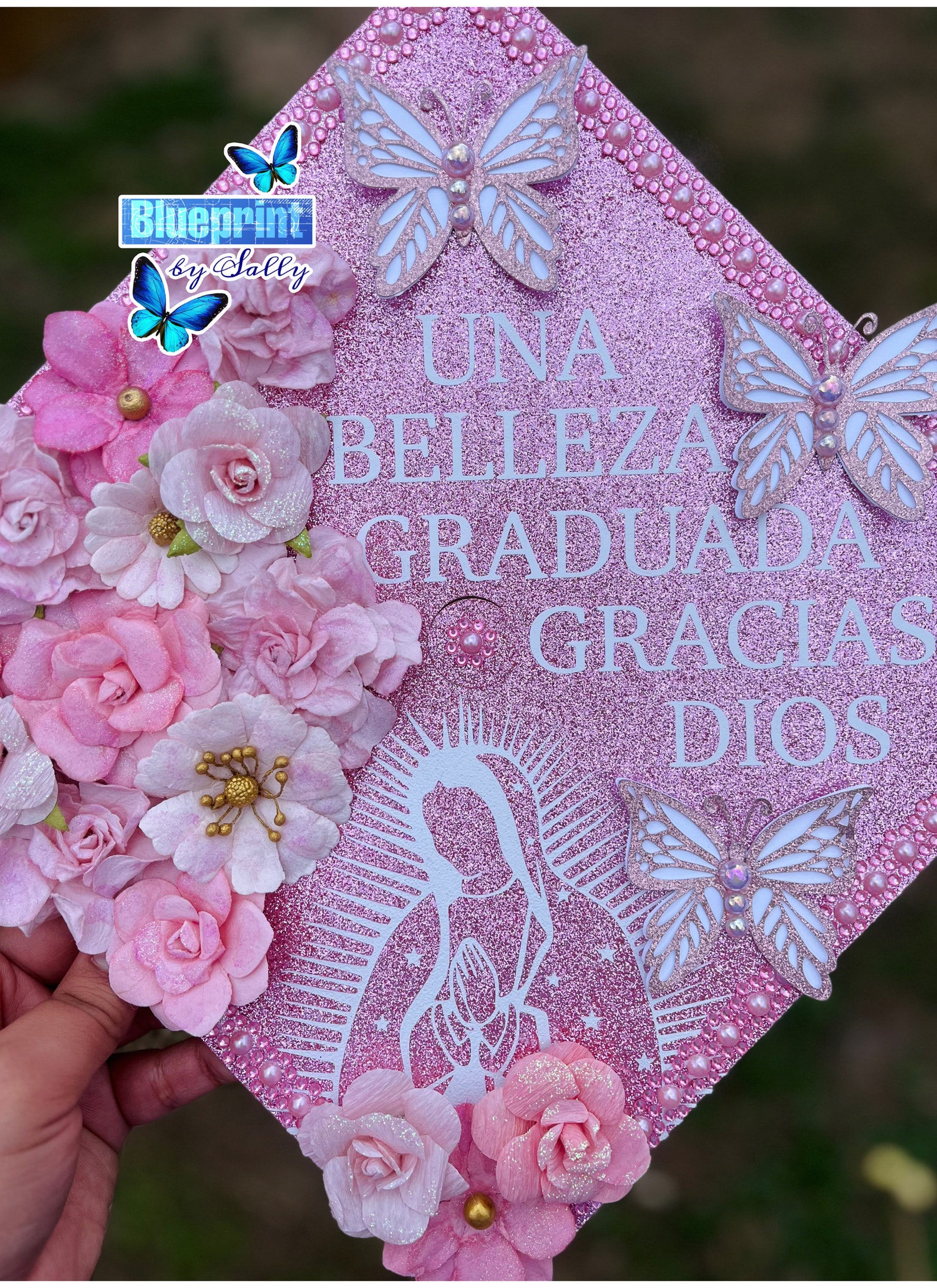 Pink Virgin Mary Graduation Cap, Paper Flowers, Rose Gold Grad Cap ...
