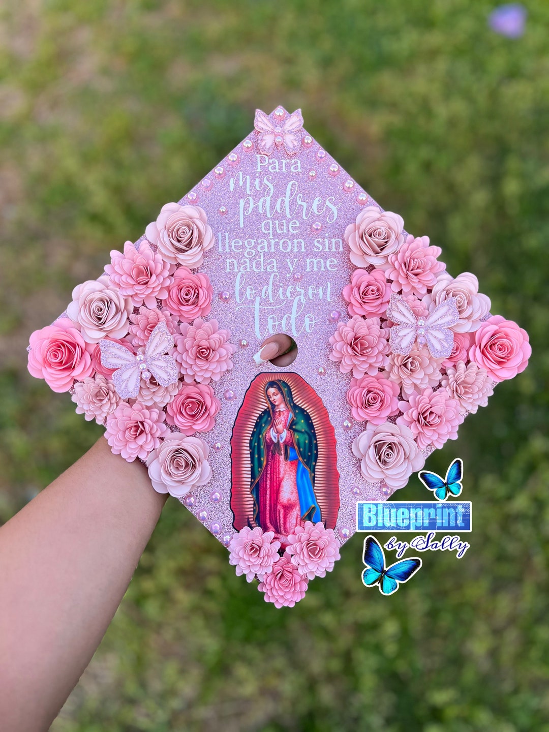 Pink Virgin Mary Graduation Cap, Paper Flowers, Rose Gold Grad Cap ...