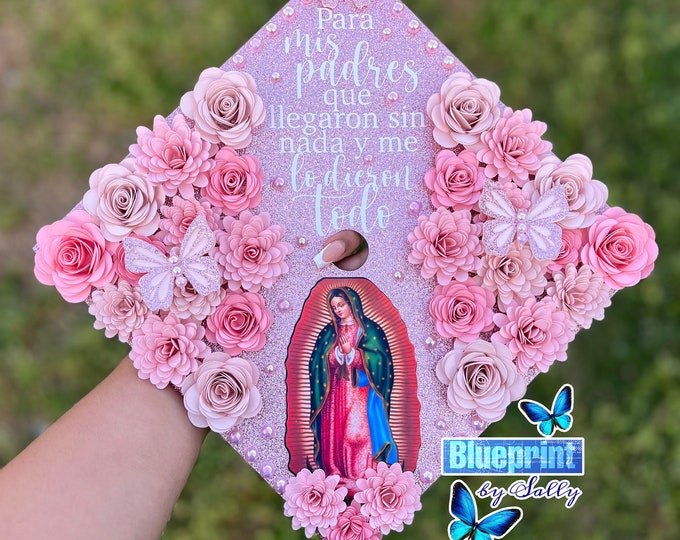 Pink Virgin Mary Graduation Cap, Paper Flowers, Rose Gold Grad Cap ...