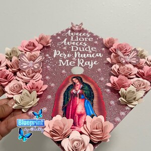 Pink Virgin Mary Graduation Cap, Paper Flowers, Rose Gold Grad Cap ...