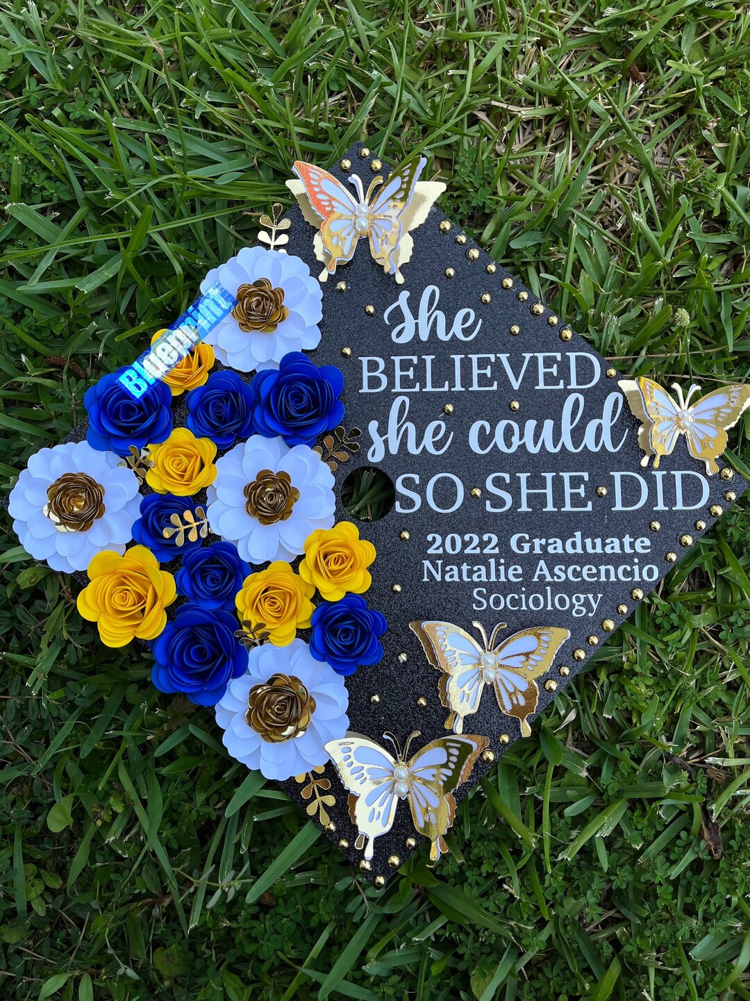 Blue and Yellow Flower Graduation Cap Topper, Paper Flower Grad Cap ...