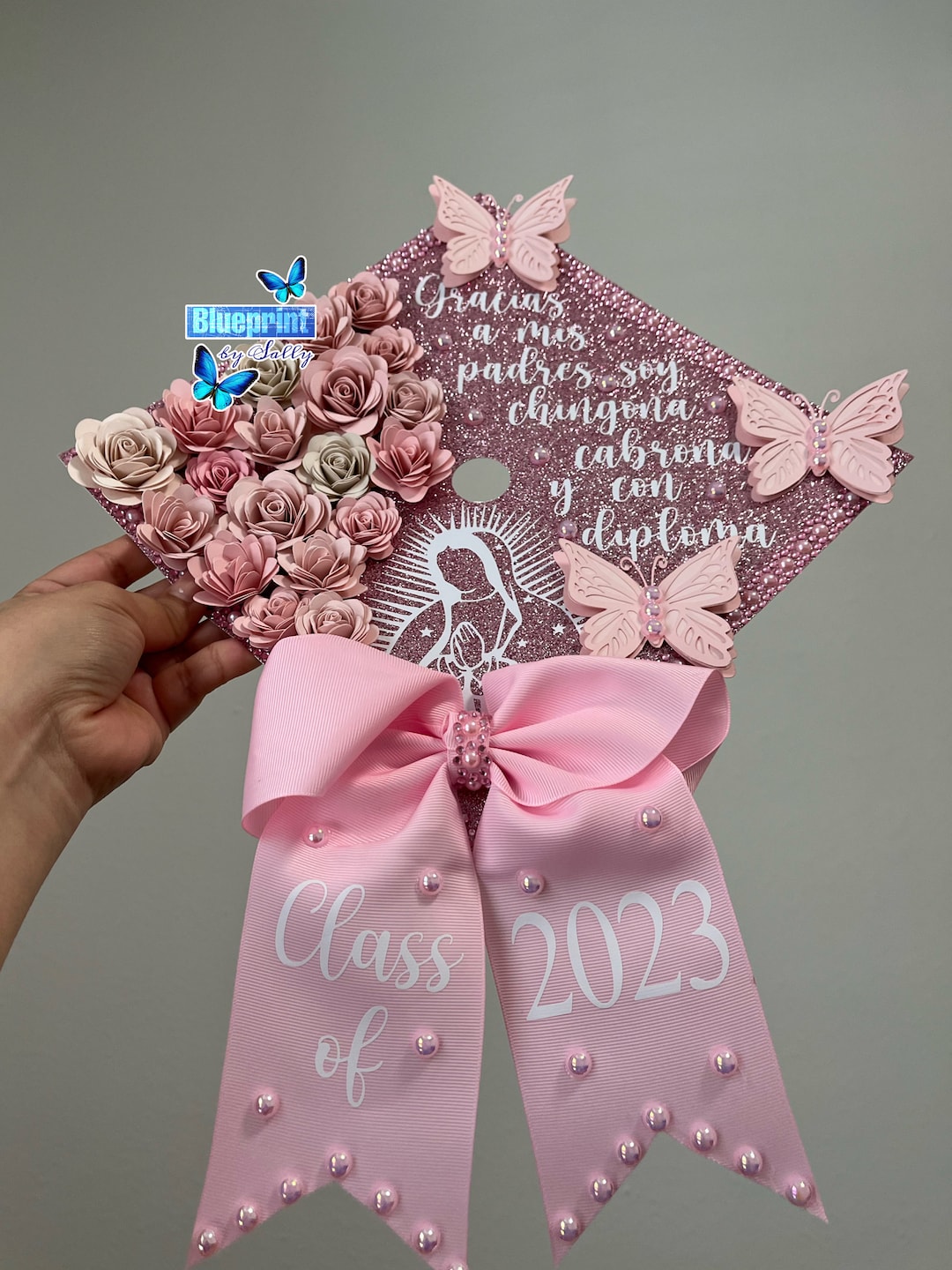 Pink Virgin Mary Graduation Cap, Pink Graduation, Glitter Grad Cap ...