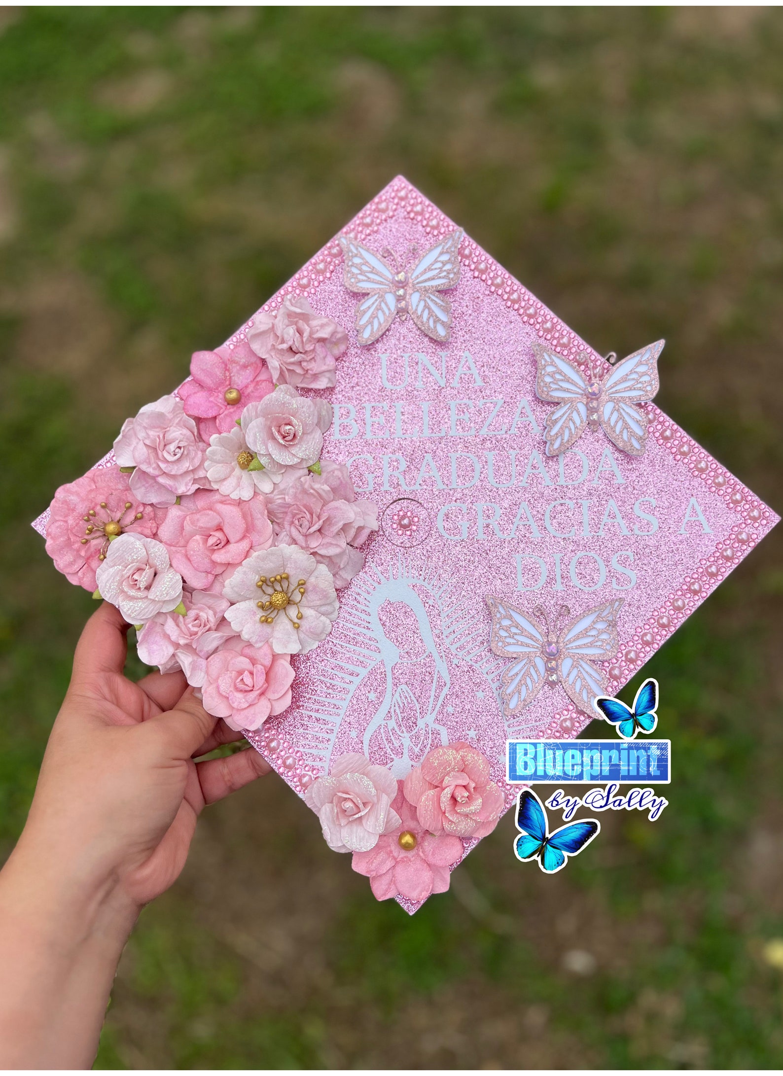 Pink Virgin Mary Graduation Cap, Paper Flowers, Rose Gold Grad Cap ...