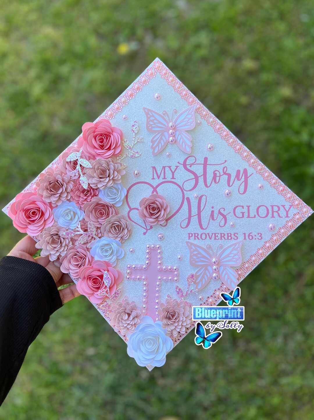Pink Christ Graduation Cap, Paper Flowers, Nude Pink Grad Cap, Glitter ...