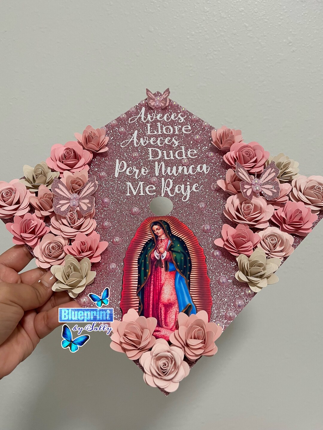 Pink Virgin Mary Graduation Cap, Paper Flowers, Rose Gold Grad Cap ...