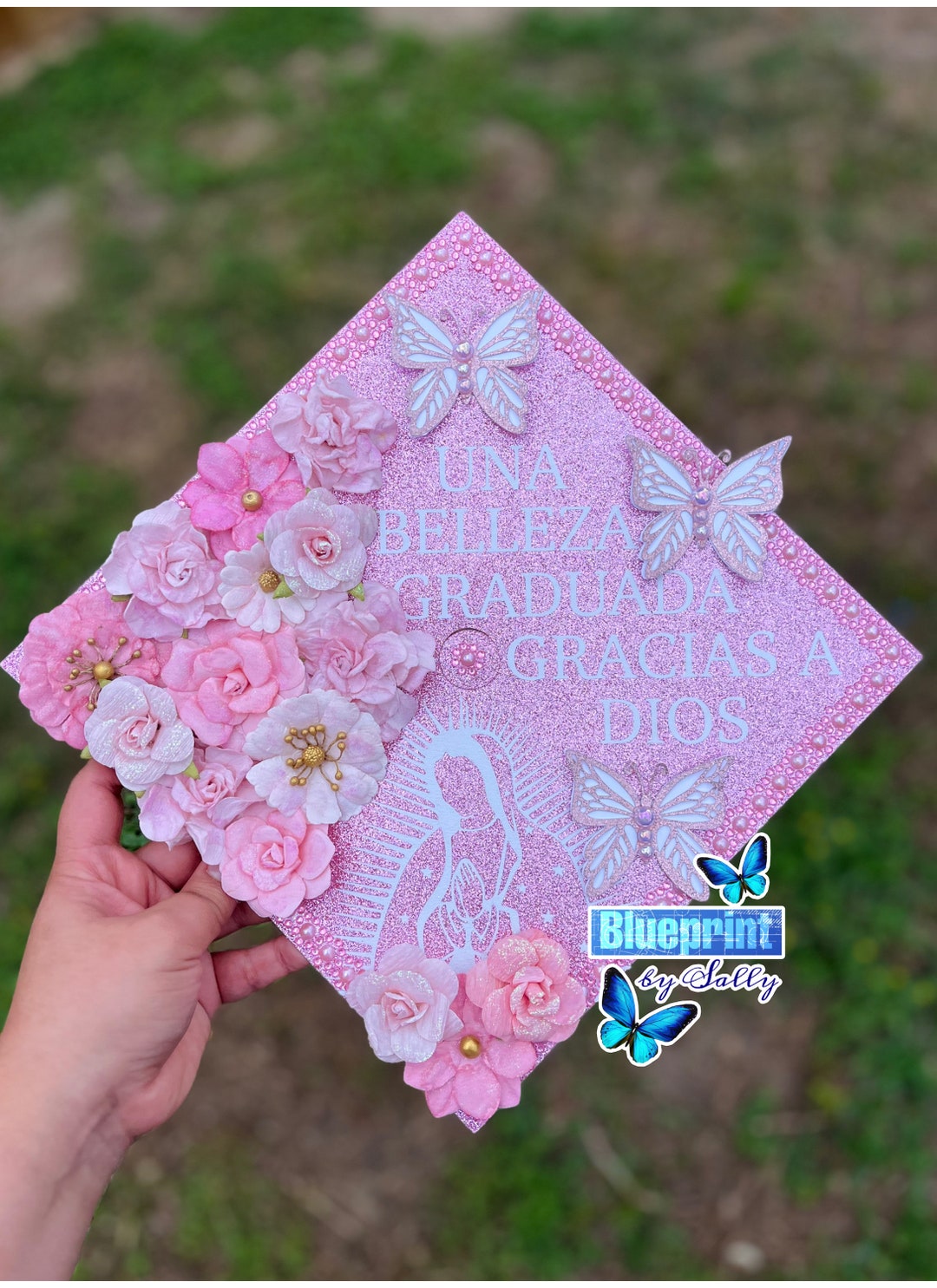 Pink Virgin Mary Graduation Cap, Paper Flowers, Rose Gold Grad Cap ...