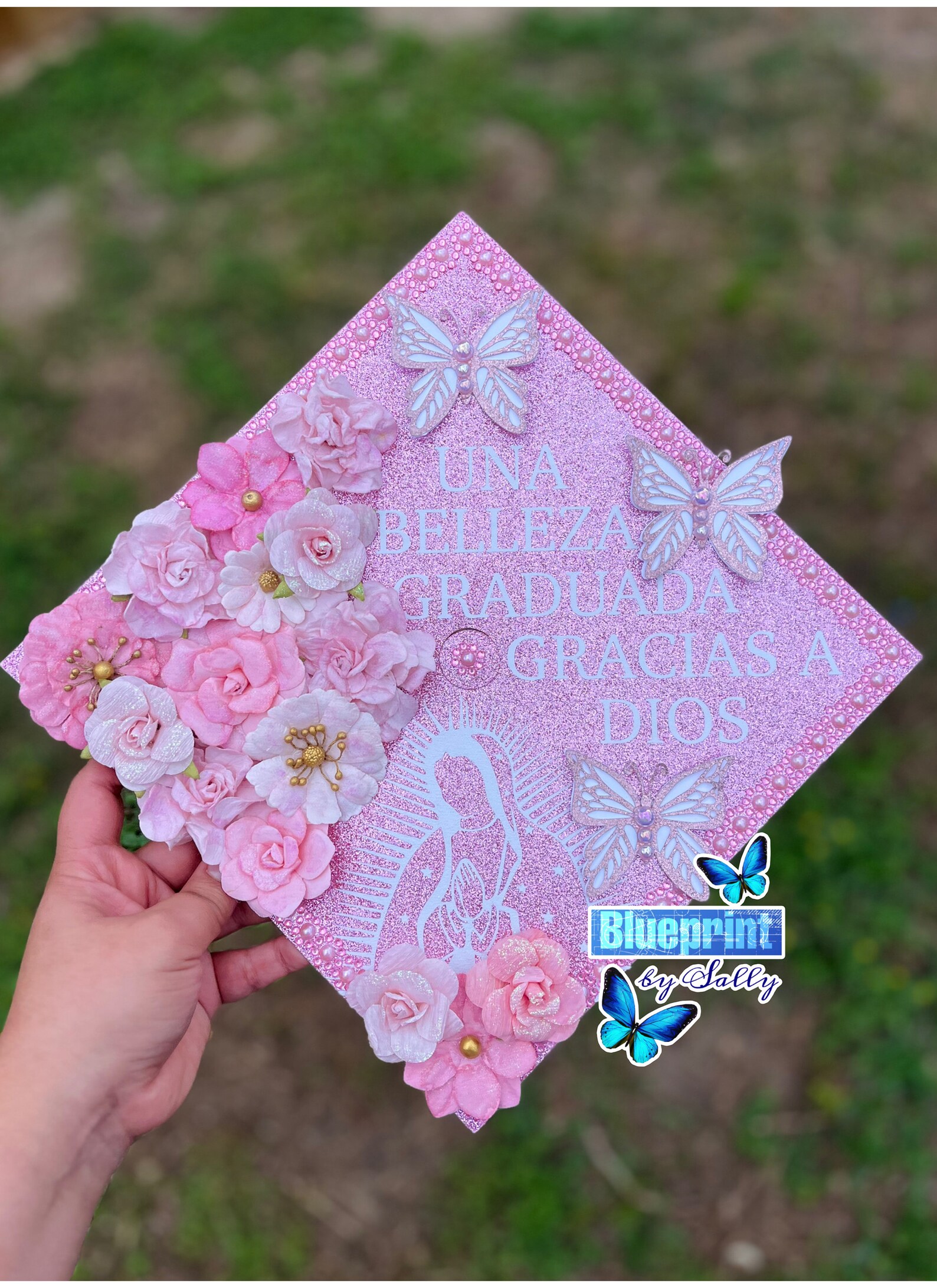 Pink Virgin Mary Graduation Cap, Paper Flowers, Rose Gold Grad Cap ...