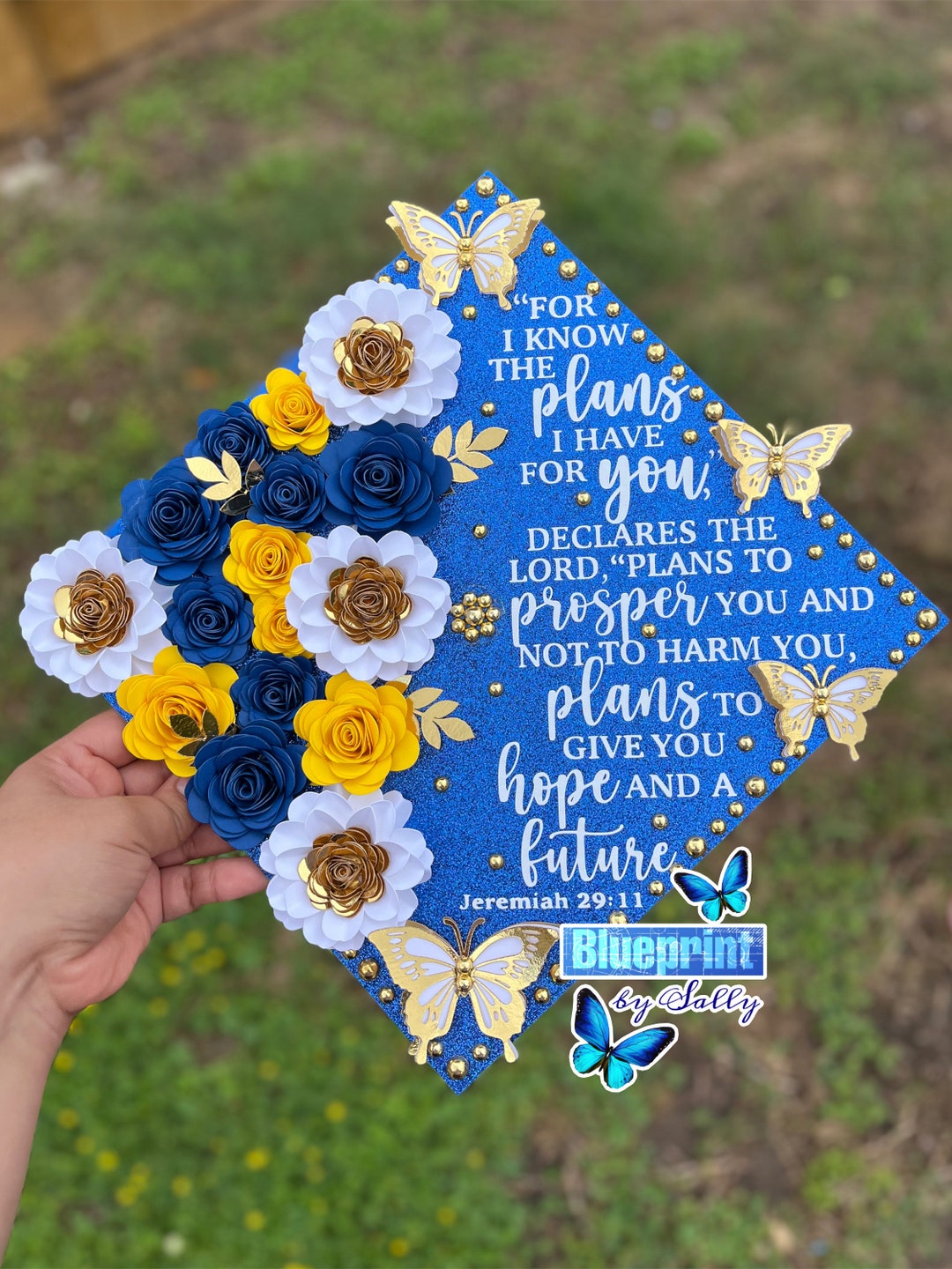 Blue Graduation Cap Topper, Paper Flower Grad Cap, Gold Beaded ...