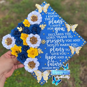Blue Graduation Cap Topper, Paper Flower Grad Cap, Gold Beaded ...