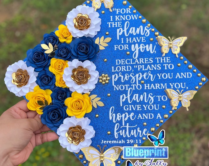 Blue Graduation Cap Topper, Paper Flower Grad Cap, Gold Beaded ...