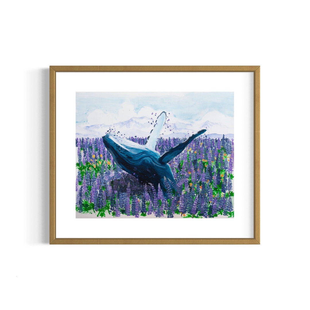 Humpback Whale Jumping in Lupines/ Fine Art Print on Textured Paper ...