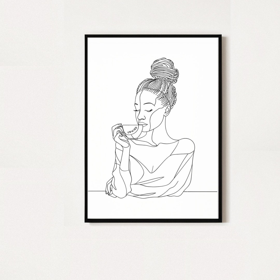 Outline of Black Woman Line Art, Coffee & Unwind Downloadable Wall Art ...