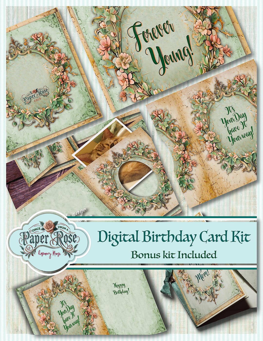 Birthday Digital Photo Card Kit, Digital Printable, Vintage Florals ...