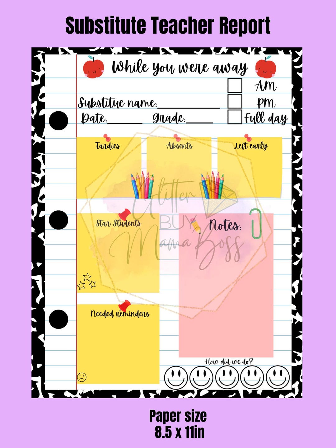 Substitute Teacher Printable | Substitute Teacher Report | Daily Report ...