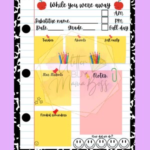 Substitute Teacher Printable | Substitute Teacher Report | Daily Report ...