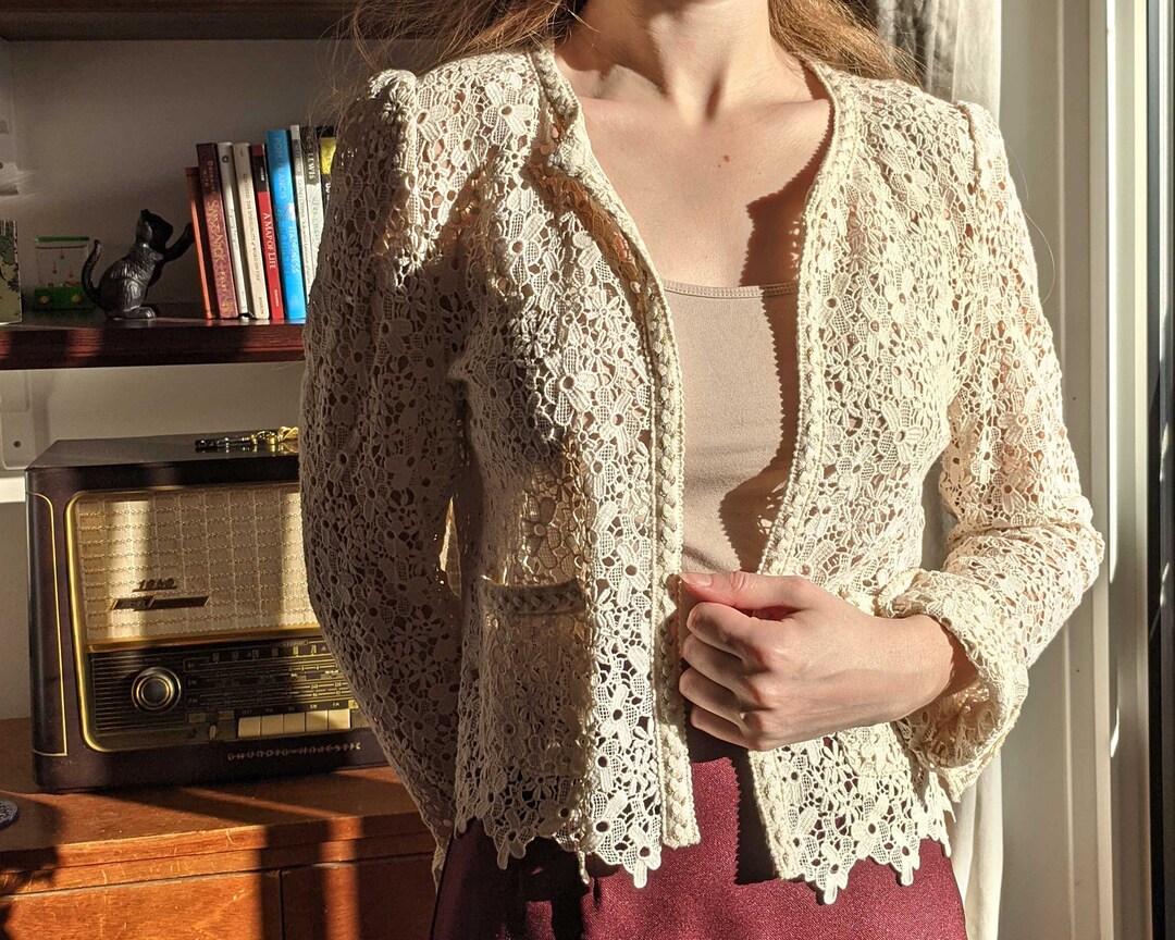 White Lace Jacket, Floral Design, Long Sleeve, Pockets, Summer Jacket ...