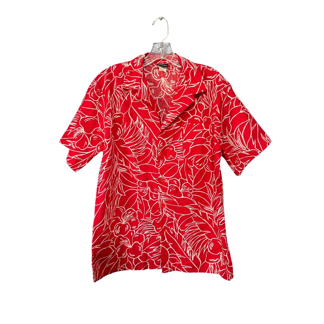 Vintage Jantzen Red Tropical Floral Print Short Sleeve Button-up Shirt ...