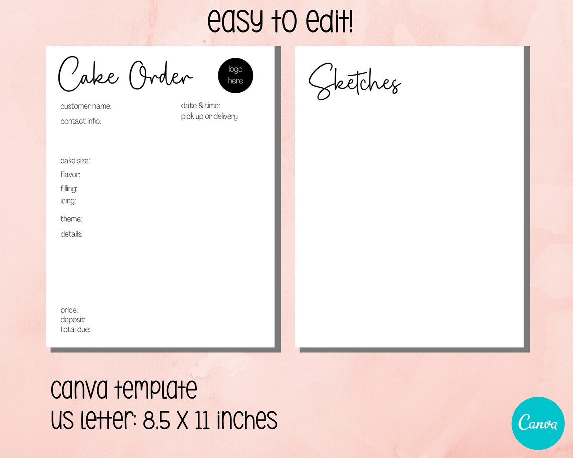 Simple Cake Order Form Template, Editable Canva Template, Instant ...