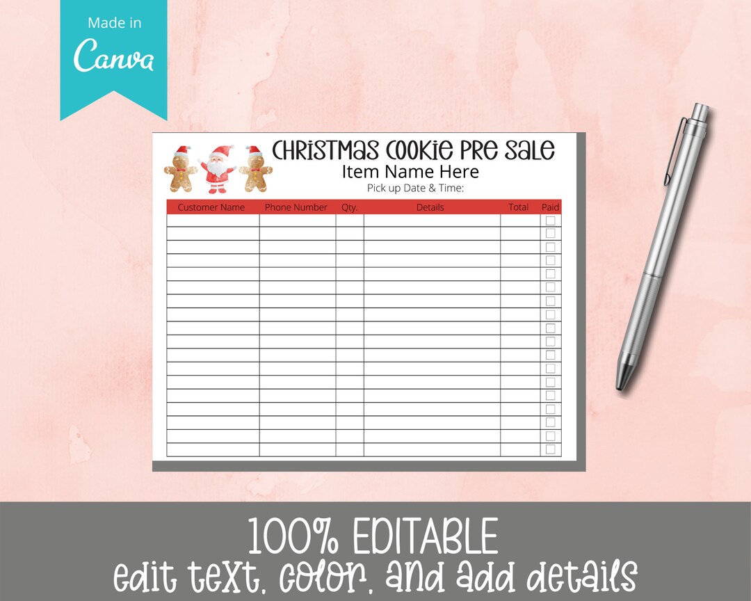 Christmas Cookie Pre Sale Form Template, Editable Canva Template ...