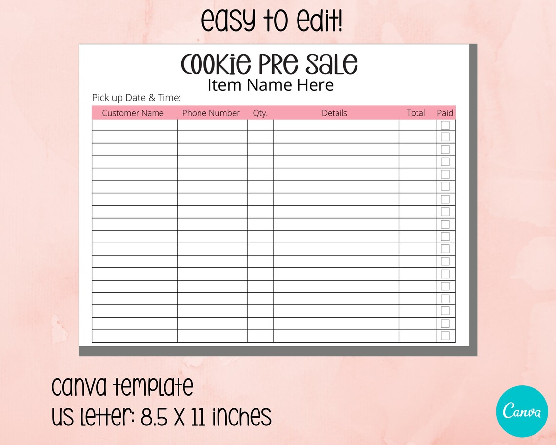 Cookie Pre Sale Form Template, Editable Canva Template, Instant ...