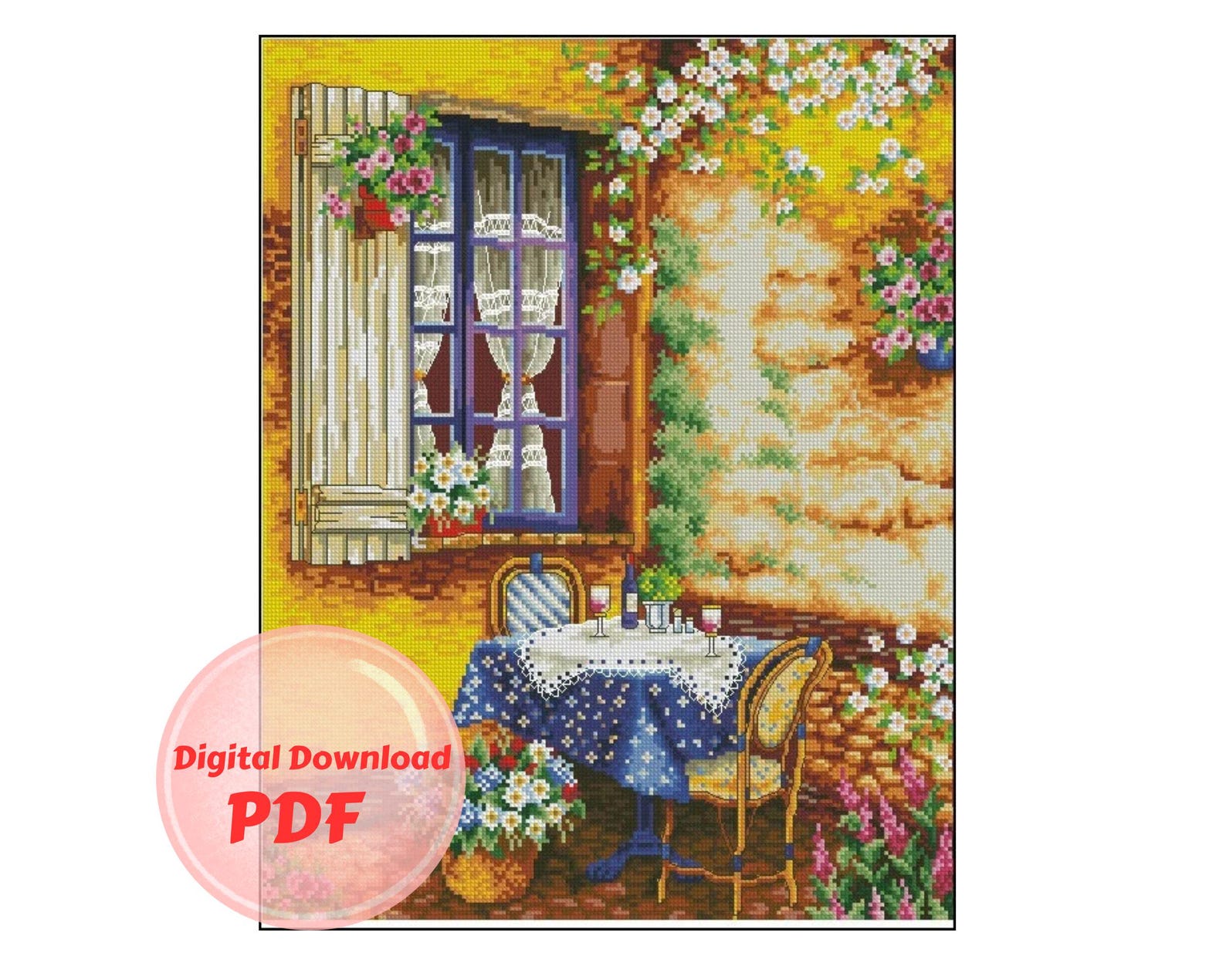 Table for Two Cross Stitch Pattern: Floral Window Scene (PDF File) - Etsy