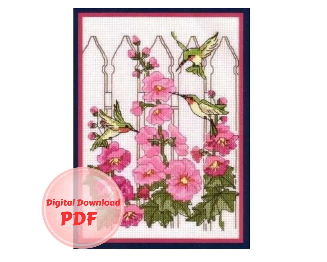 Cross Stitch Pattern - Pink Flowers and Hummingbirds - Counted Cross ...