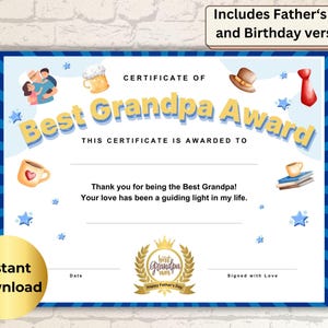 Best Grandpa Award Certificate-3 Printable Versions: Father's Day ...