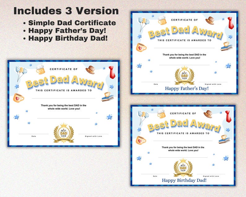 Personalized Best Dad Award Certificate-3 Version: Father's Day ...