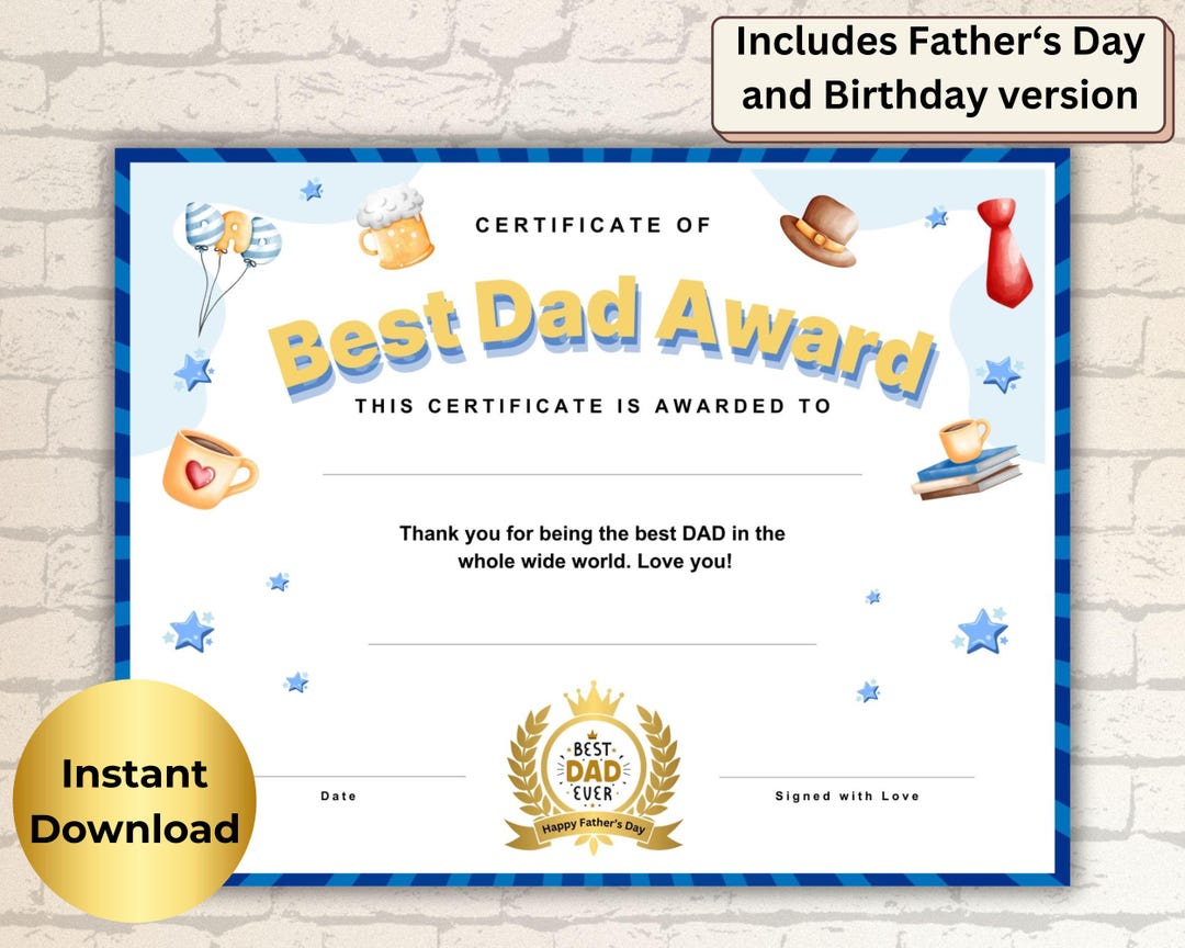 Personalized Best Dad Award Certificate-3 Version: Father's Day ...