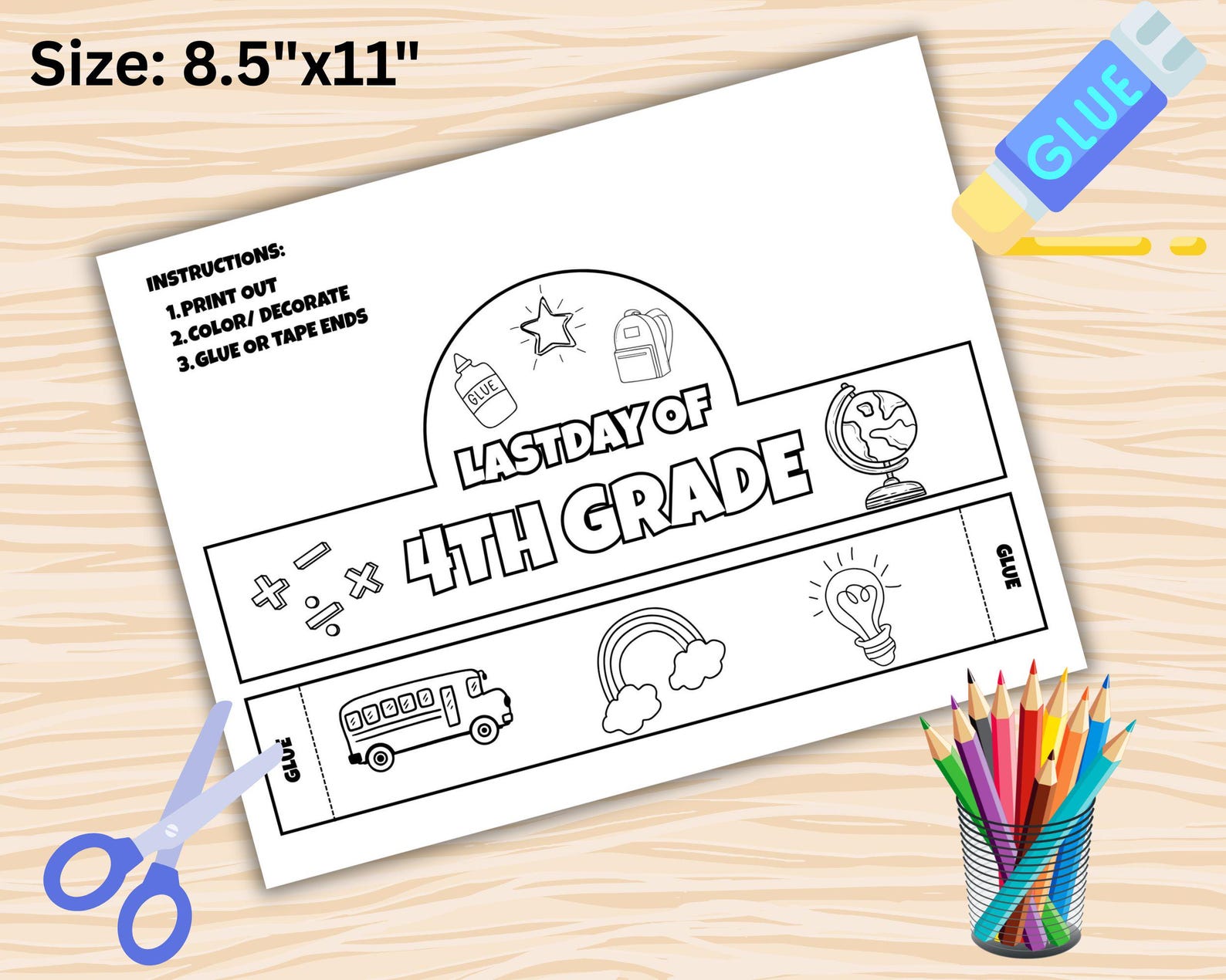 Last Day of Fourth Grade Paper Crown Headband, Printable Graduation ...