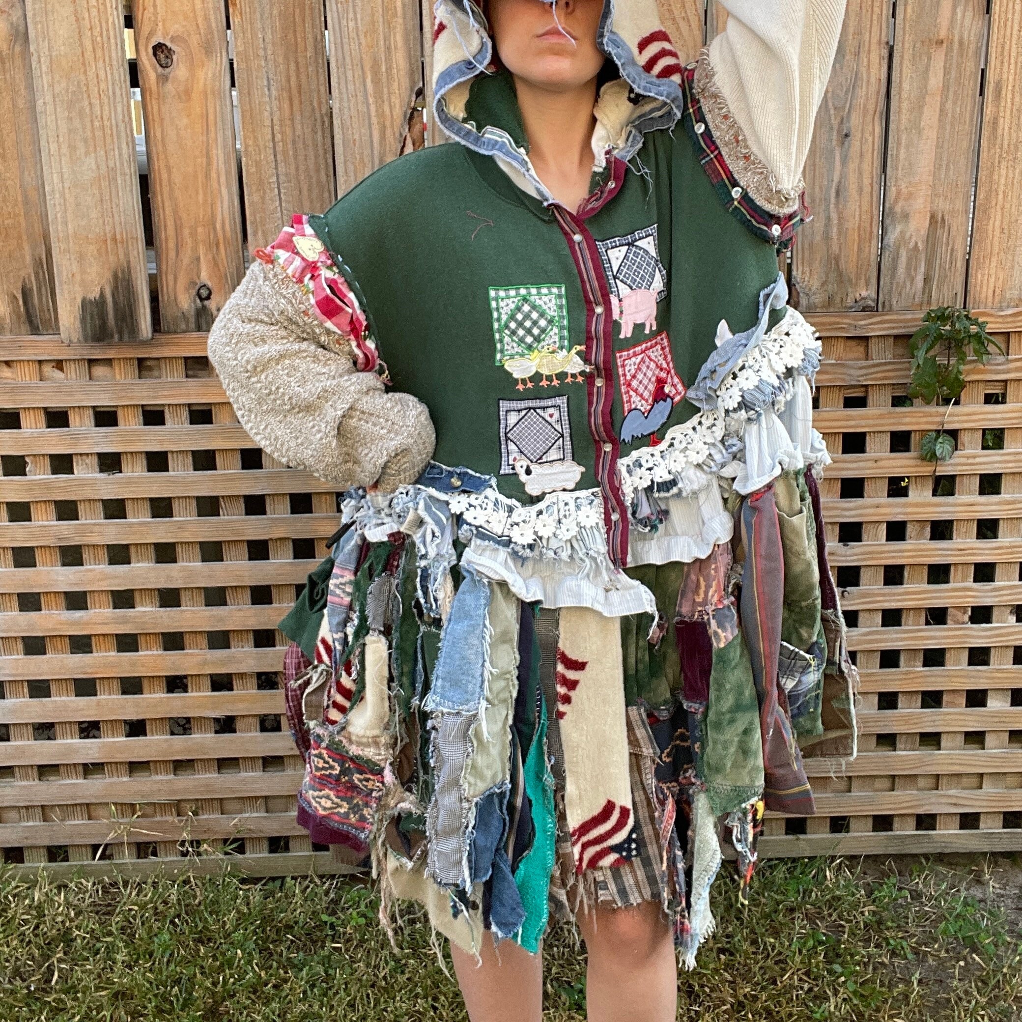 Vintage Grunge Fairy Reworked Upcycled Sweatshirt Farm Animals Patchwork Vest Dress Hooded ...