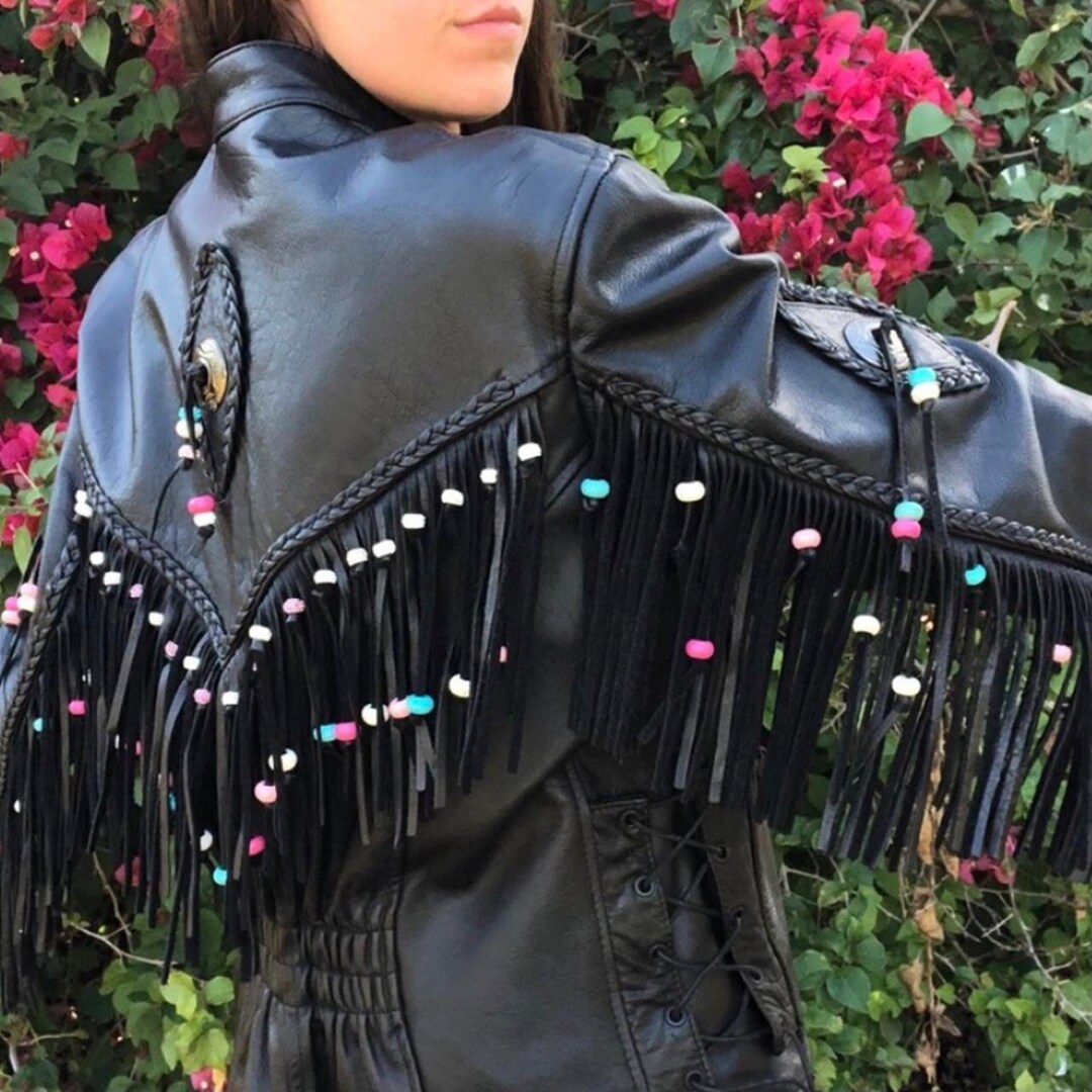 Vintage Leather Fringe Beaded Motorcycle Faux Turquoise Corset Lace up ...