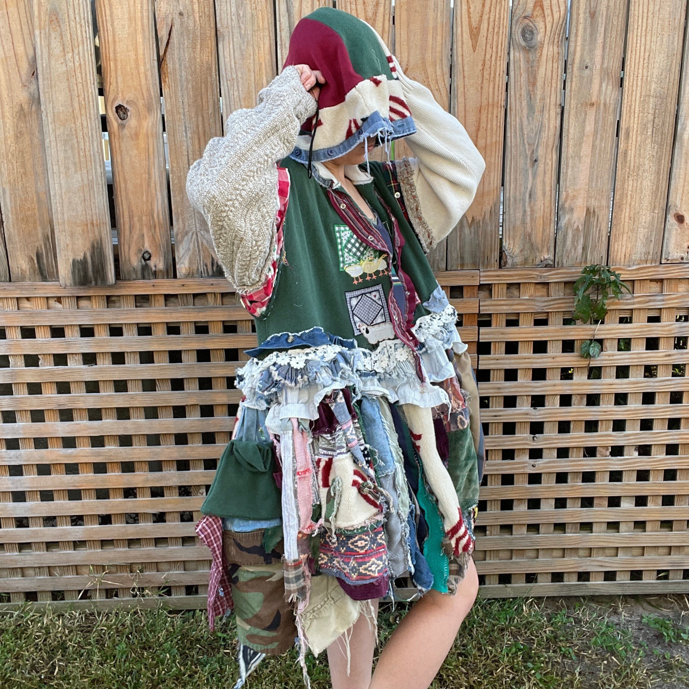 Vintage Grunge Fairy Reworked Upcycled Sweatshirt Farm Animals Patchwork Vest Dress Hooded ...