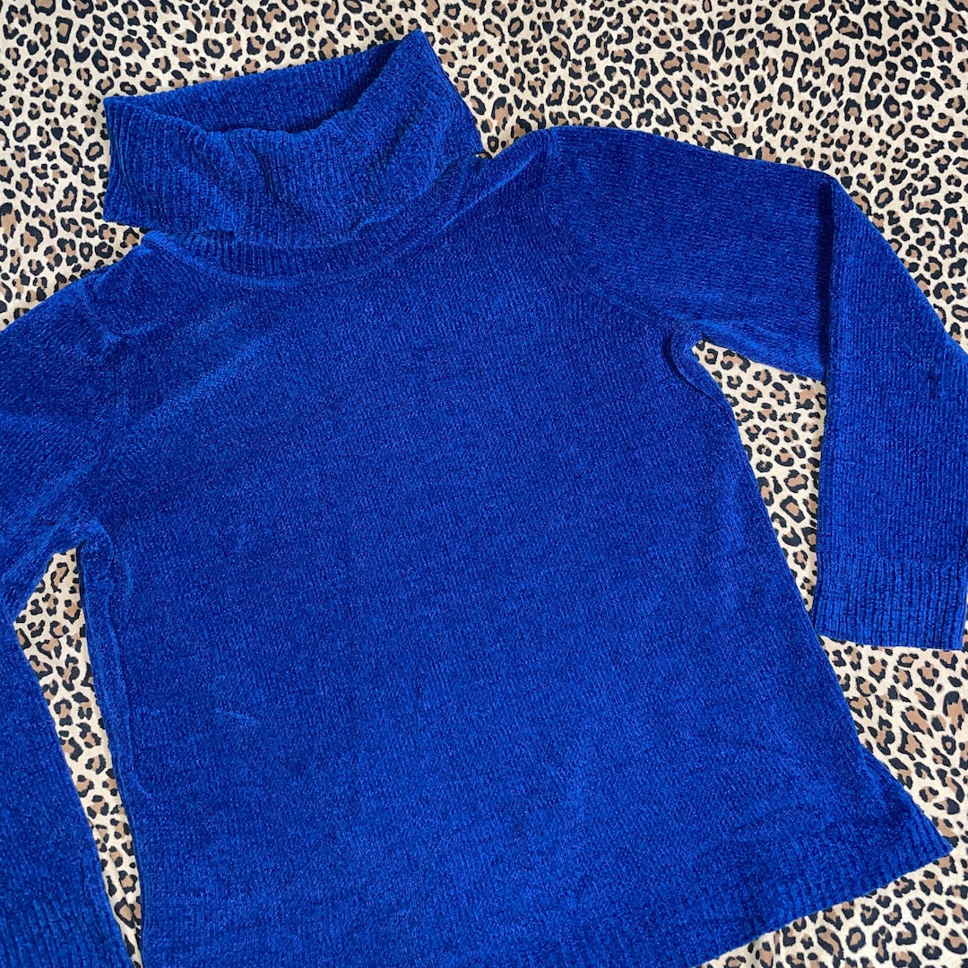 Vintage Sweater Chenille Turtleneck XL Cobalt Blue White Stag Long ...