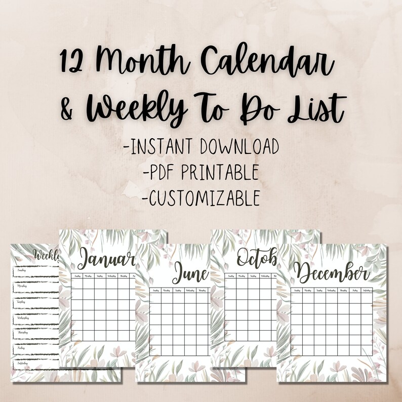 Monthly Flower 12 Month Calendar Weekly to Do Printable - Etsy