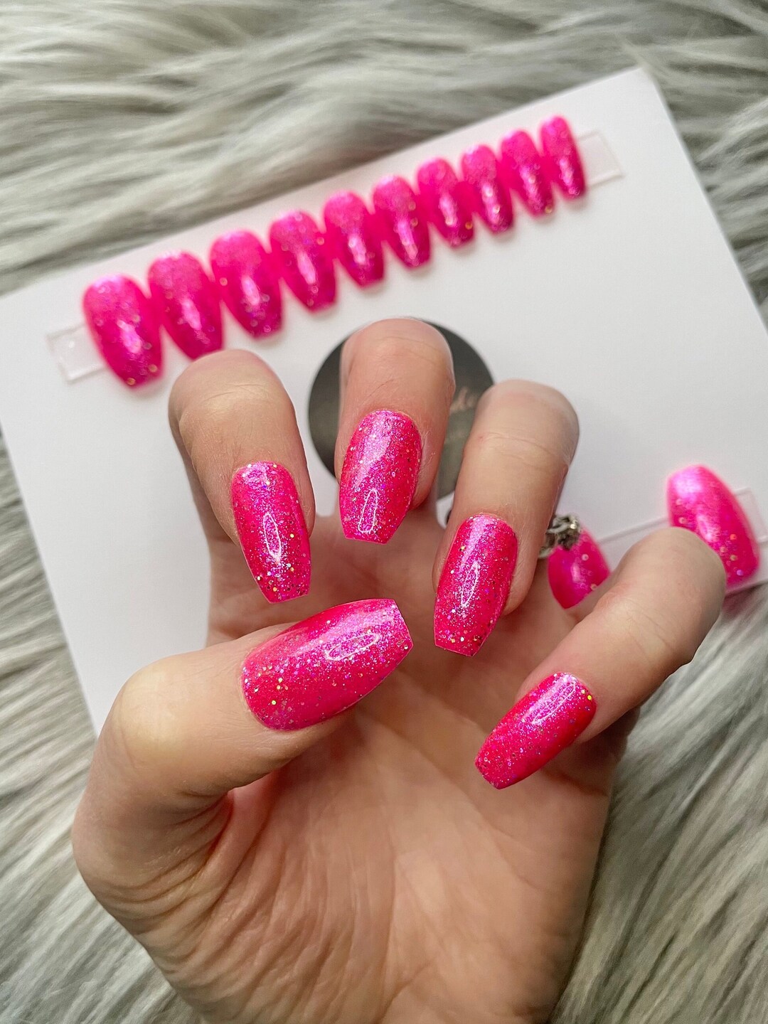 FULL SET OF 20 False Nails Pink Glitter Nails Sparkly - Etsy