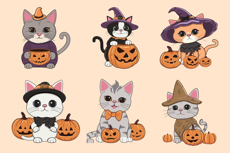 Cute Halloween Cats and Pumpkin Clipart Bundle Printable Digital ...